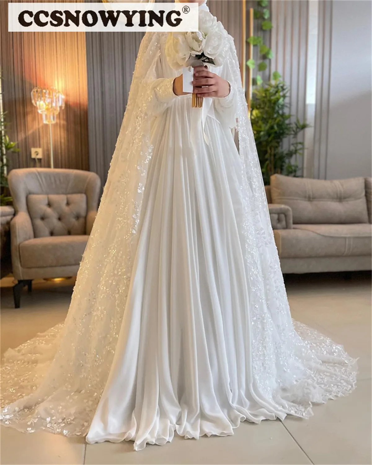 Chiffon Long Sleeve Muslim Wedding Dress For Bride With Cape Appliques Beaded Islamic Hijab ...