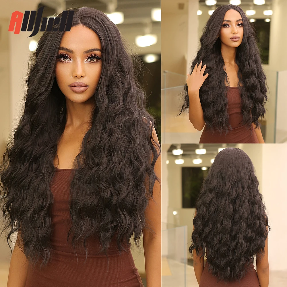Encaracolado 13 × 4 Lace Front Perucas Sintéticas Preto Longo Ondulado ...