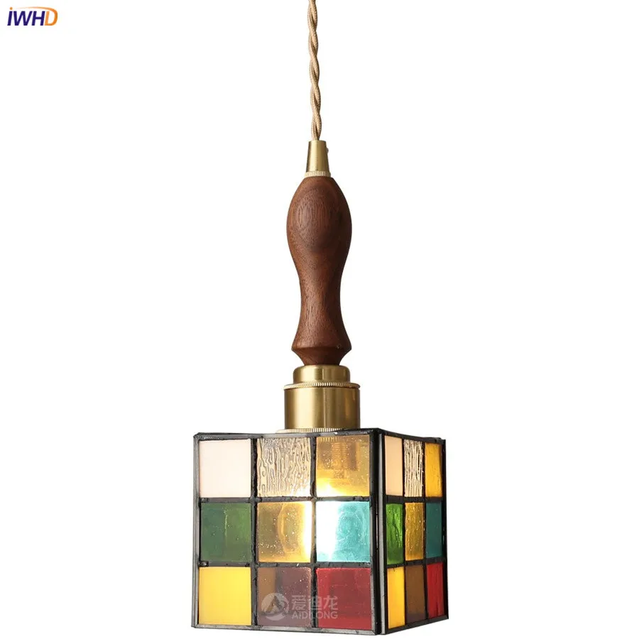 IWHD Colorful Square Glass LED Hanging Light Copper Socket Bedroom Cafe ...