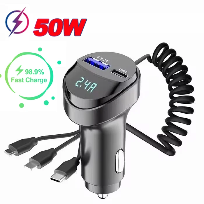 Fast Charging 55W Car Multi-function 2 Ports USB Car Charger Three In ...