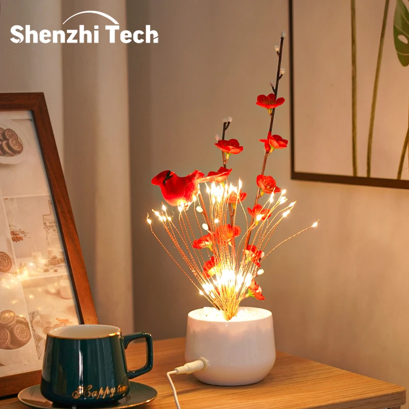 LED Bird and Flower Tree Table Lamp, Lily Color Bird Potted Tree Lights ...