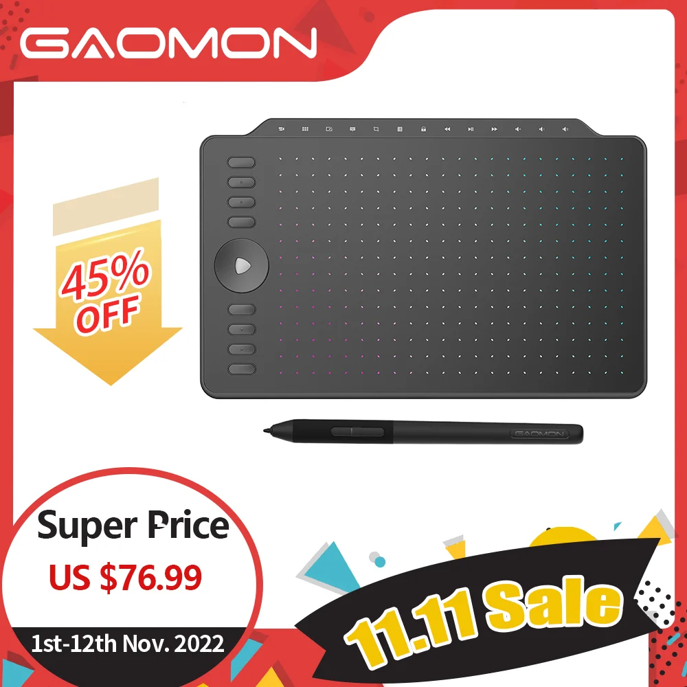 Gaomon M1220 12 Inch Drawing Graphic Tablet 8192 Levels With 8 Express Keys & 13 Multimedia Keys ...