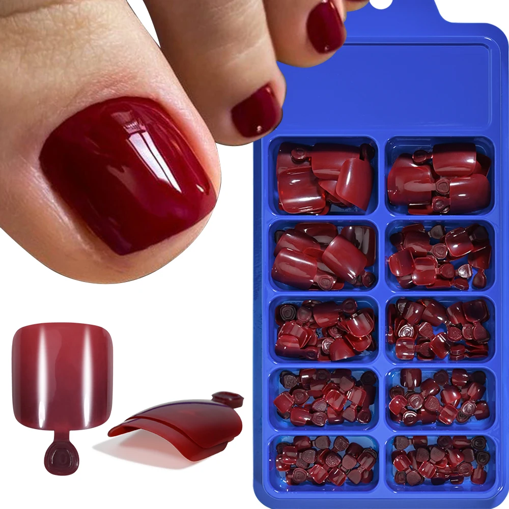 100Pc-Set-Solid-Color-Simple-Foot-Fake-Nails-Artificial-Red-Fake ...