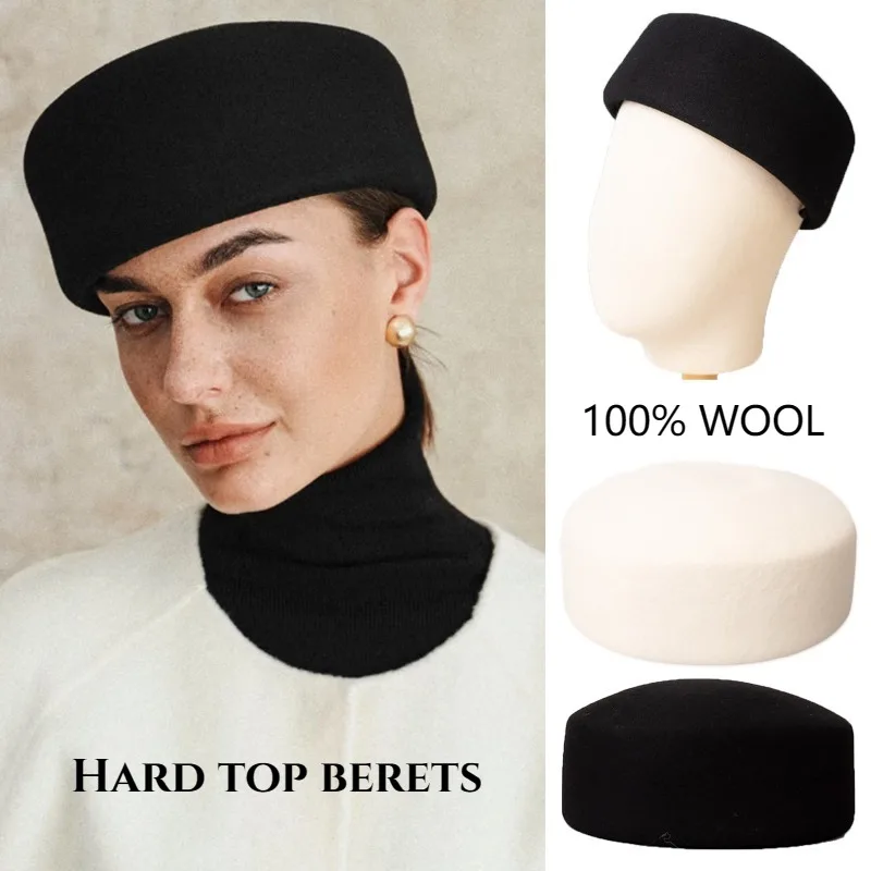 Vintage Hard Top Berets Women 100% Wool Felt Fedoras Hats Designer ...