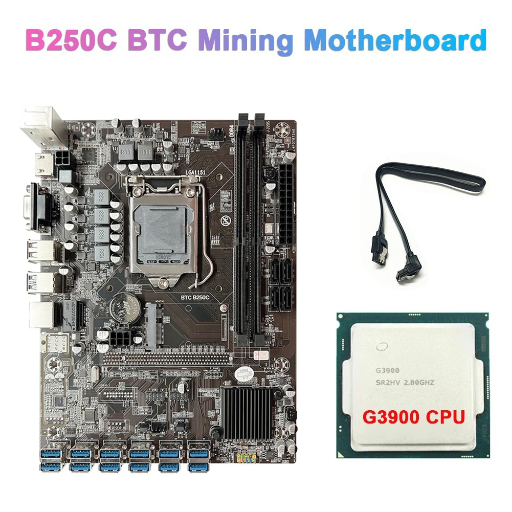 BTC B250C Mining Motherboard with G3900 CPU+SATA Cable 12XPCIE to USB3 ...