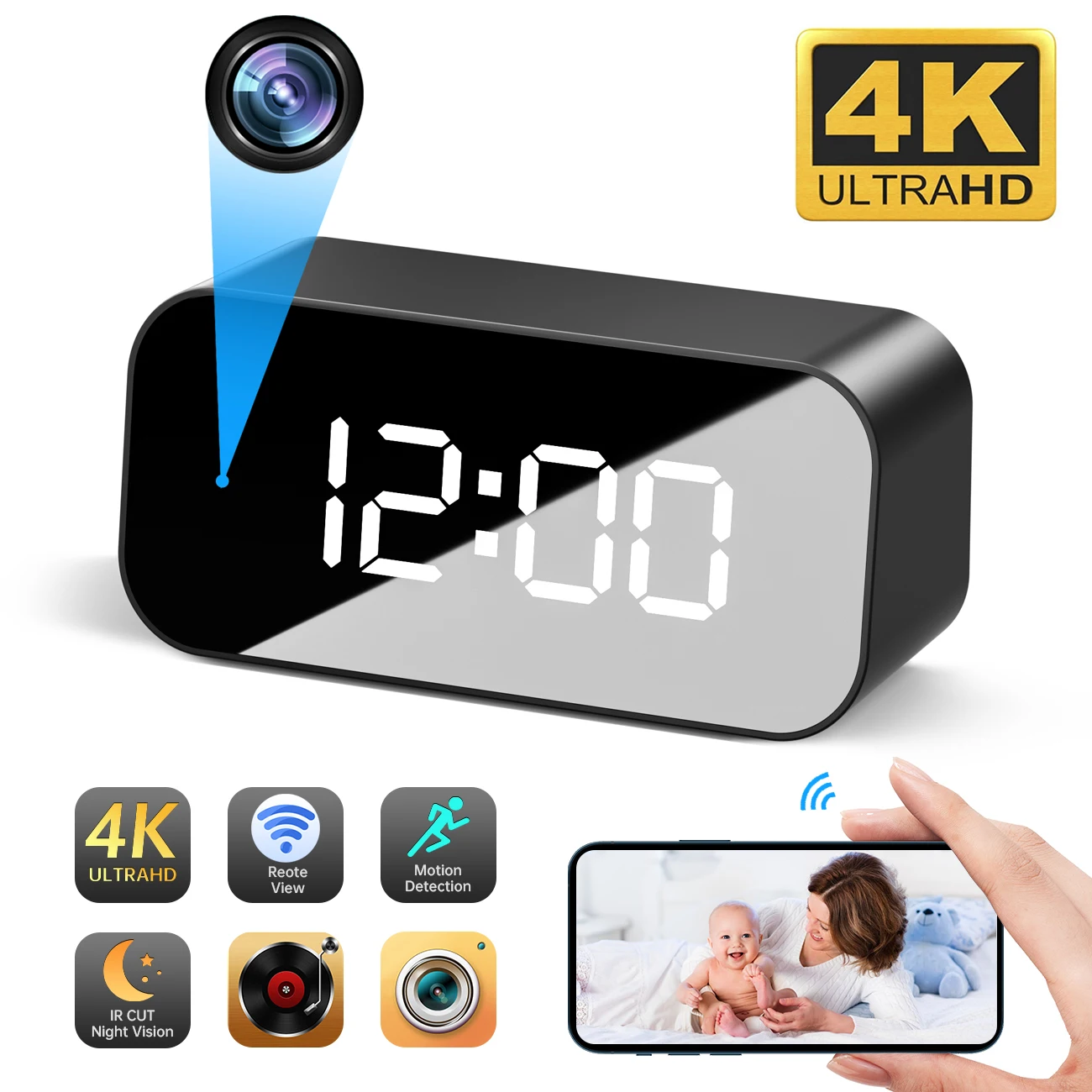 4K-HD-WIFI-Clock-Camera-166degree-Camera-Micro-Cam-IR-Night-View-Alarm ...