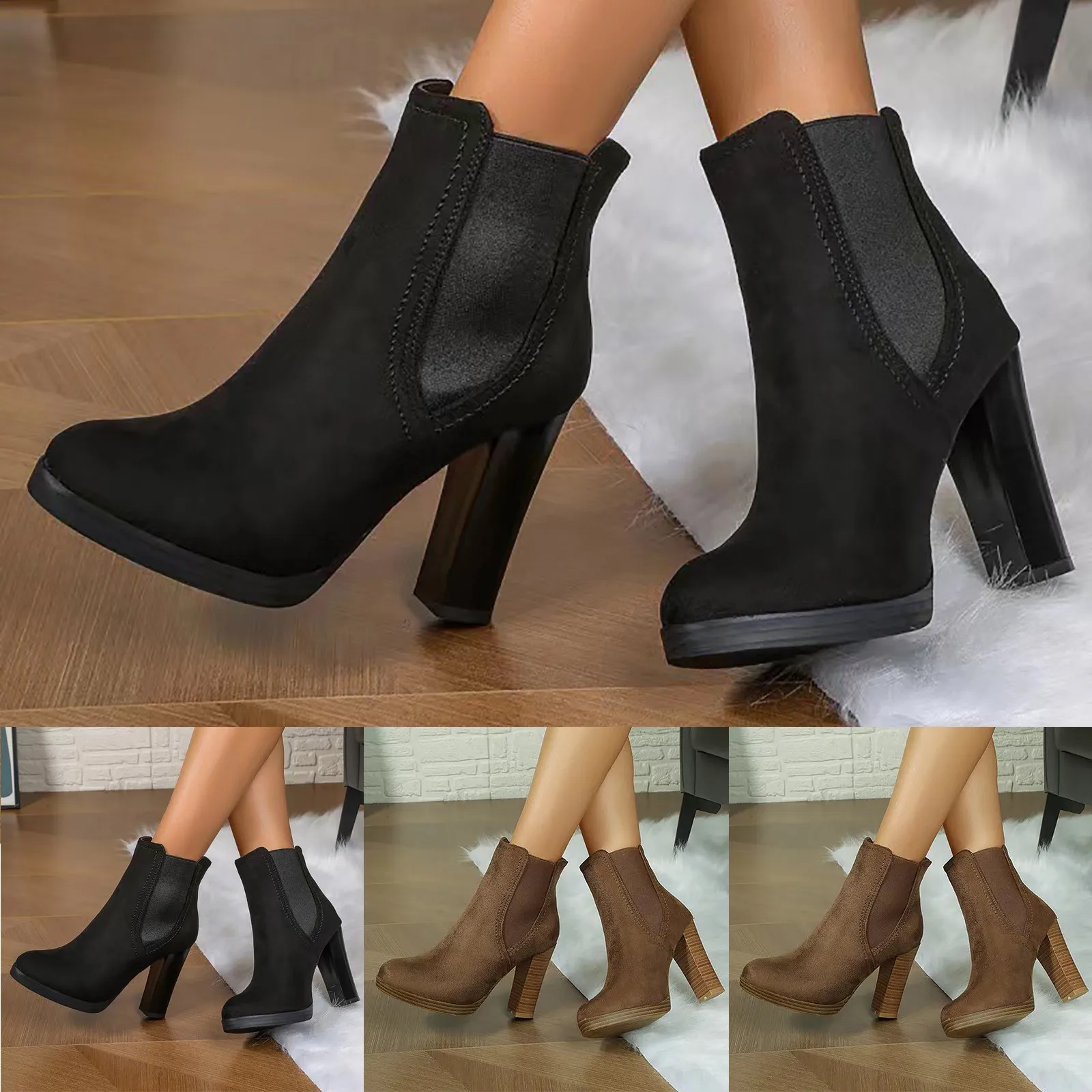 Botas-cortas-de-tac-n-grueso-con-punta-redonda-para-mujer-botines-cl ...