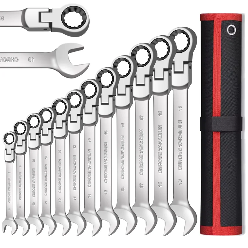 Flex-Head-Ratcheting-Wrench-Set-Combination-Ended-Spanner-kits-Chrome ...