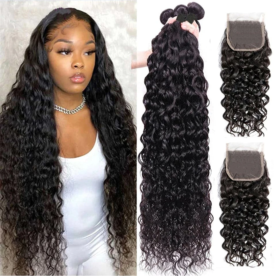 Water Wave Bundles Human Hair With Closure 13x4 HD Transparent Lace ...