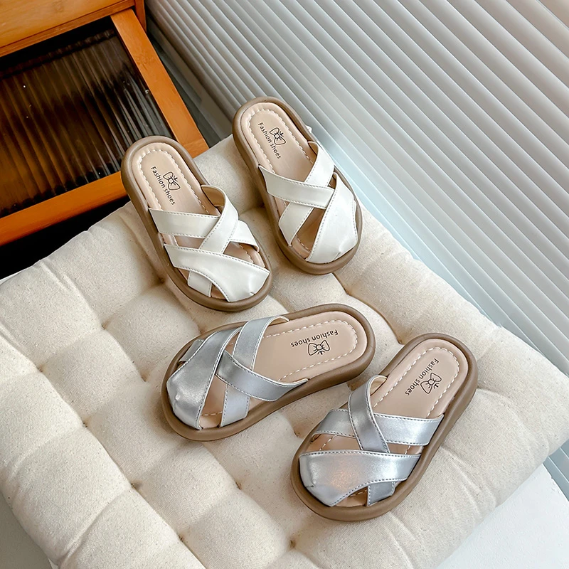 Summer-Solid-PU-Leather-Children-Slippers-Silver-Outdoor-Slippers-For ...