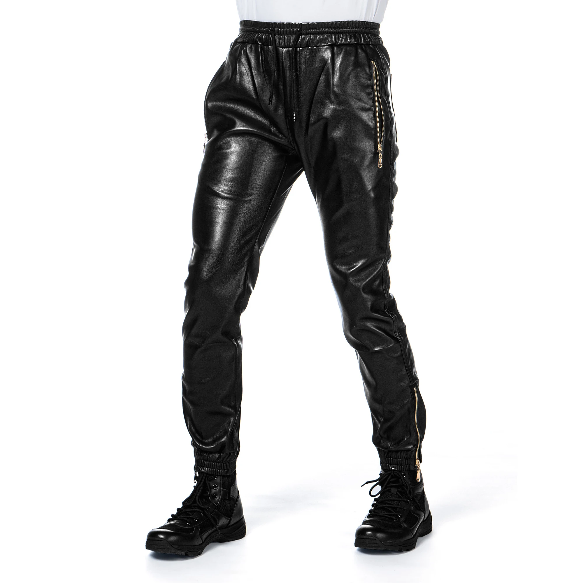 Men-s-Leather-Pants-Elastic-Waist-Jogger-Pants-PU-Leather-Motorcycle ...