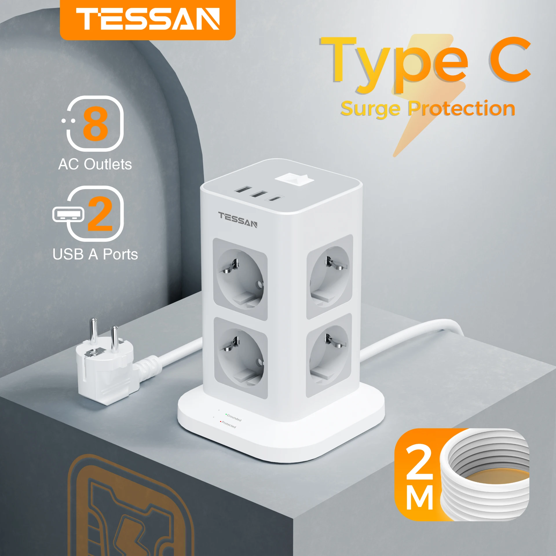 TESSAN-Tower-Extension-Power-Strip-with-USB-2M-Extension-Cord-with-EU ...