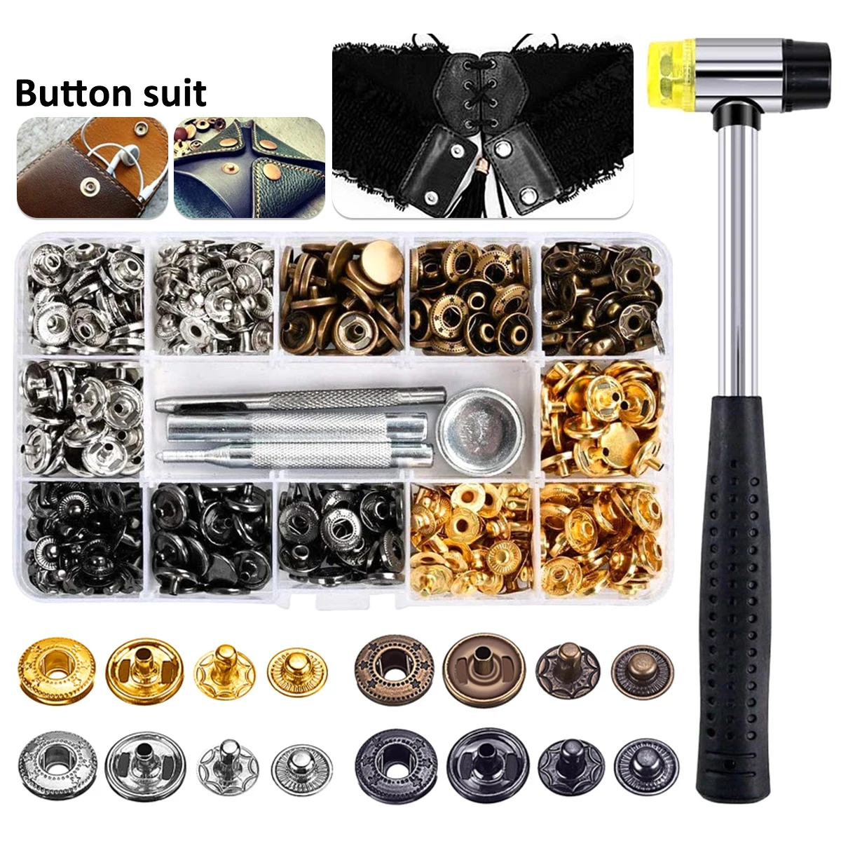120-Pcs-Snap-Button-Kit-Snaps-Fastener-Stainless-Steel-4-Colors-for ...