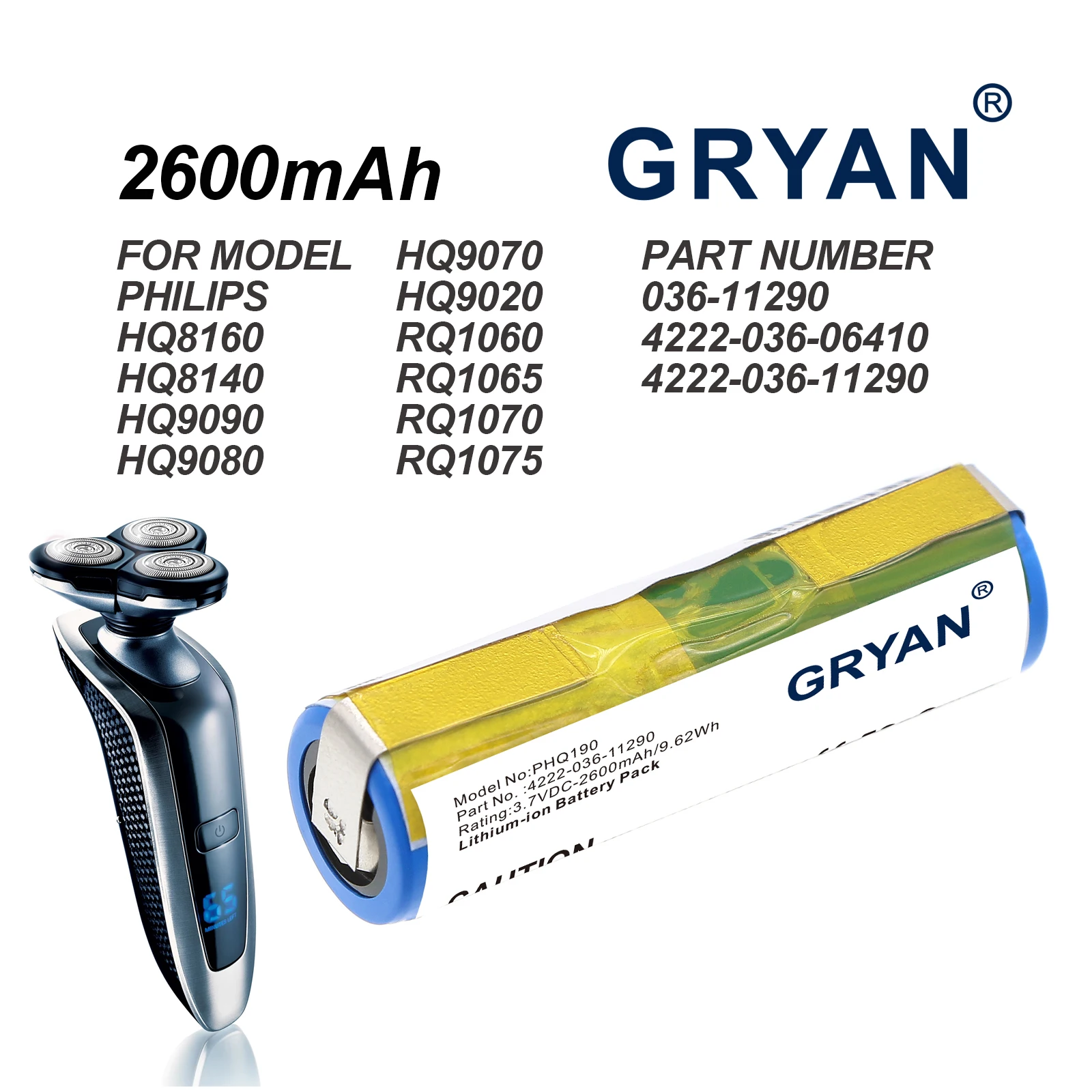 RQ12 Replacement Shaver 2600mAh Battery for Philips RQ1250 RQ1260 ...