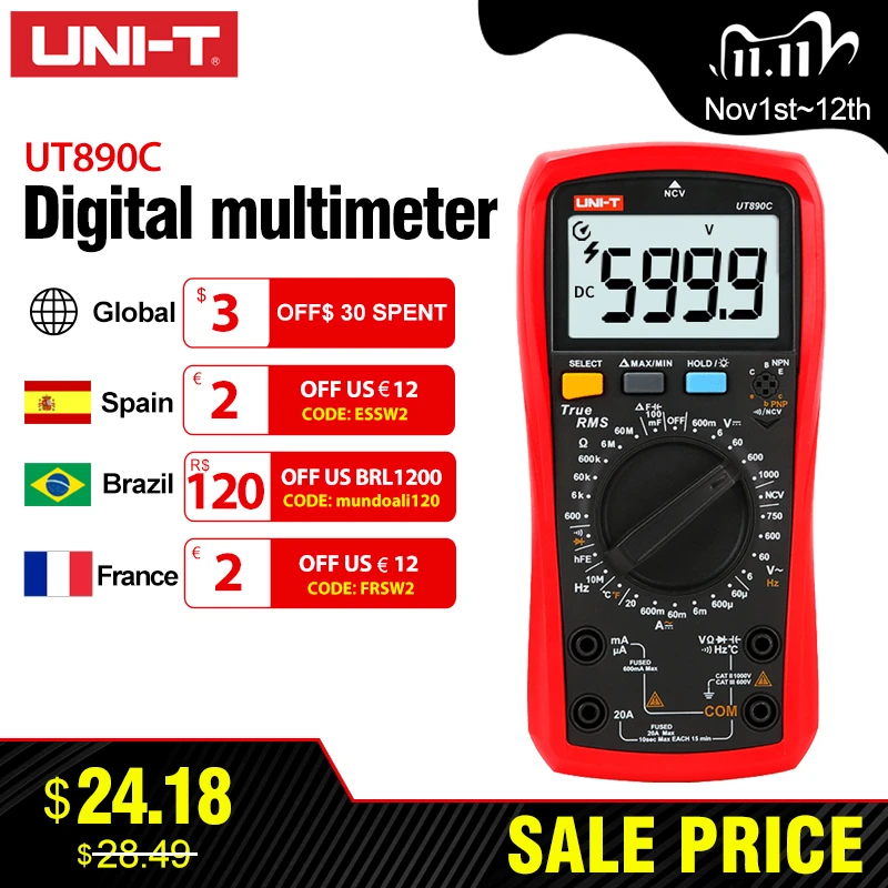 UNI T UNI T Digital Multimeter True RMS UT890C UT890D+ Manual Range AC DC Frequency Capacitance ...