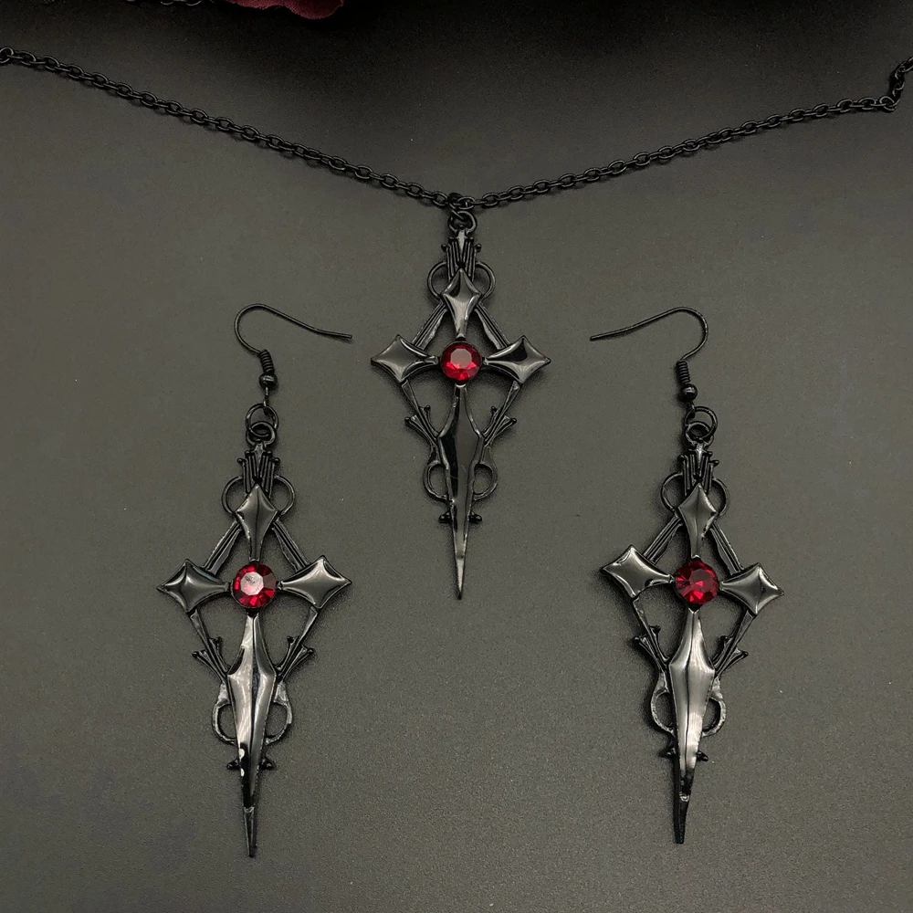 Black-Pointed-Cross-Vampire-Necklace-Gothic-Cross-Earrings-Statement ...
