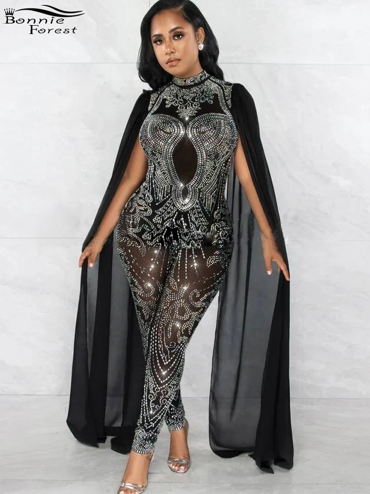 Bonnie-Wald-Sparkle-Schwarz-Strass-Mesh-Verschiebung-Langarm-Overalls ...