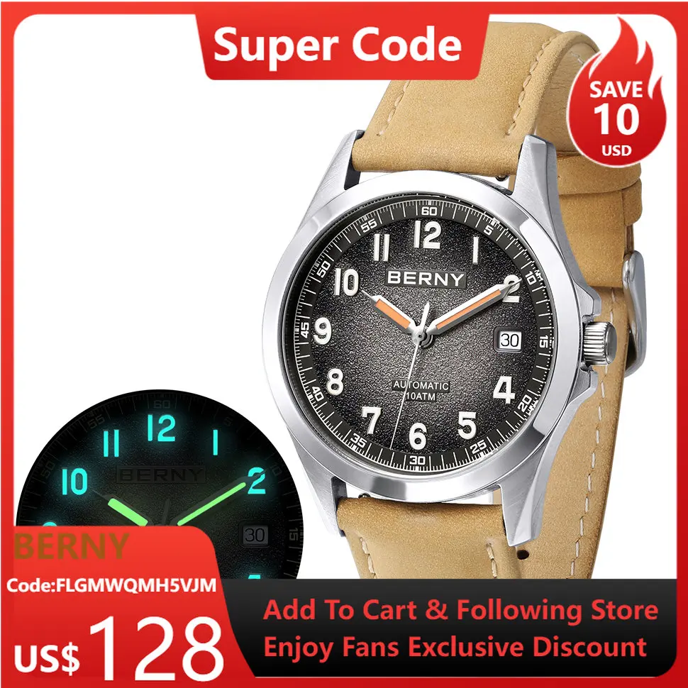 BERNY Reloj de pulsera automático para hombre, cronógrafo mecánico luminoso con esfera ...