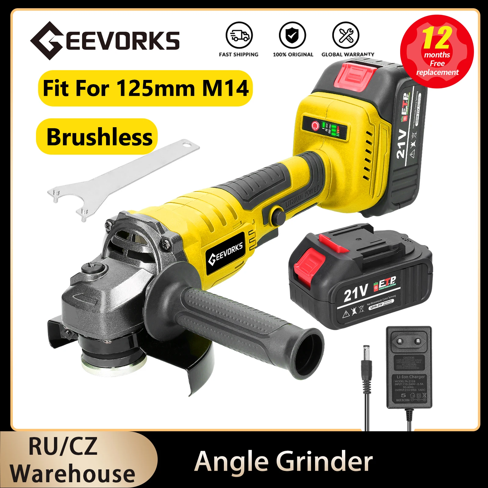 21V-125mm-M14-Angle-Grinder-Brushless-Electric-Grinding-Tool-Cutting ...