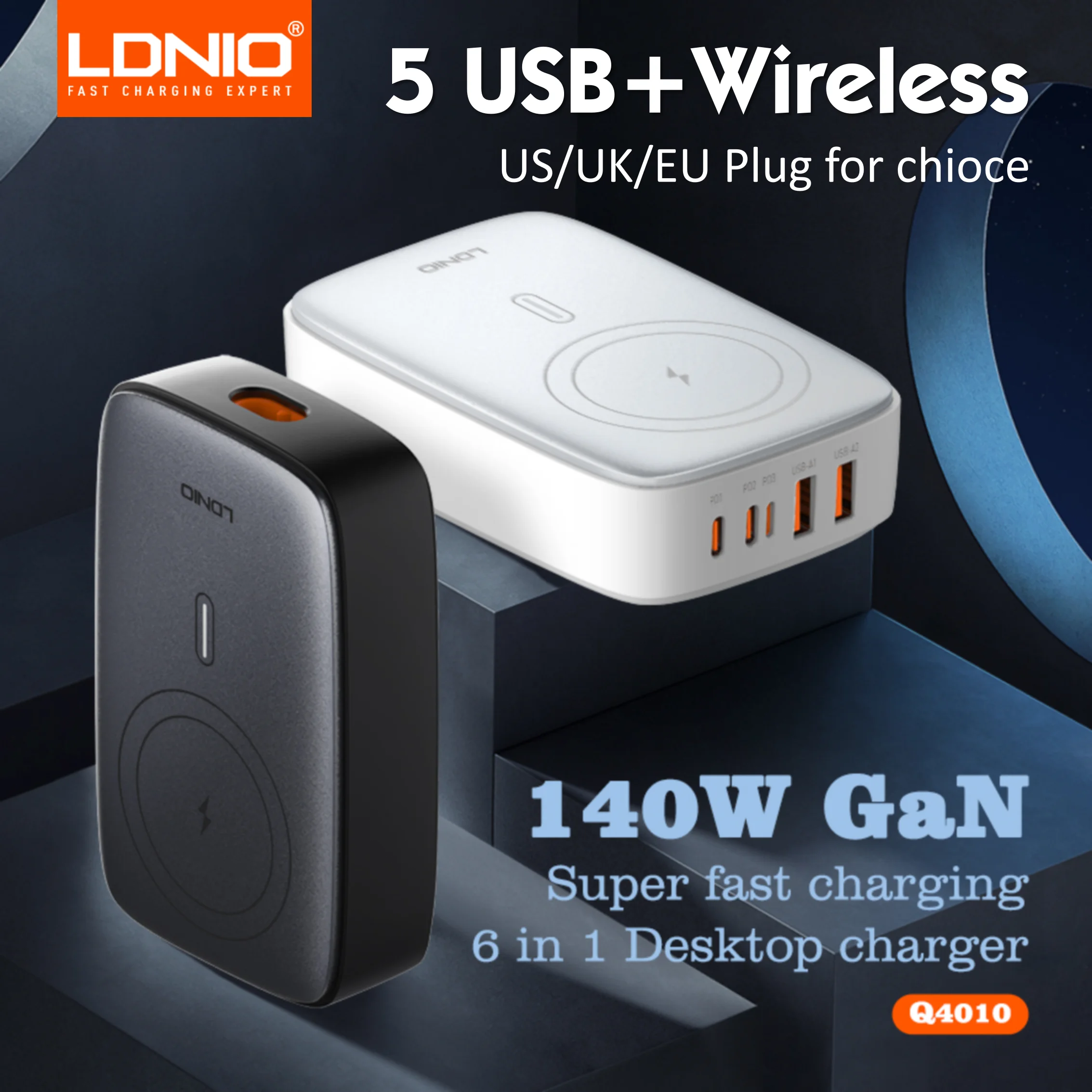 LDNIO 140W 6 in 1 Wireless Charger GaN 65W USB C Charger PD QC USB A ...