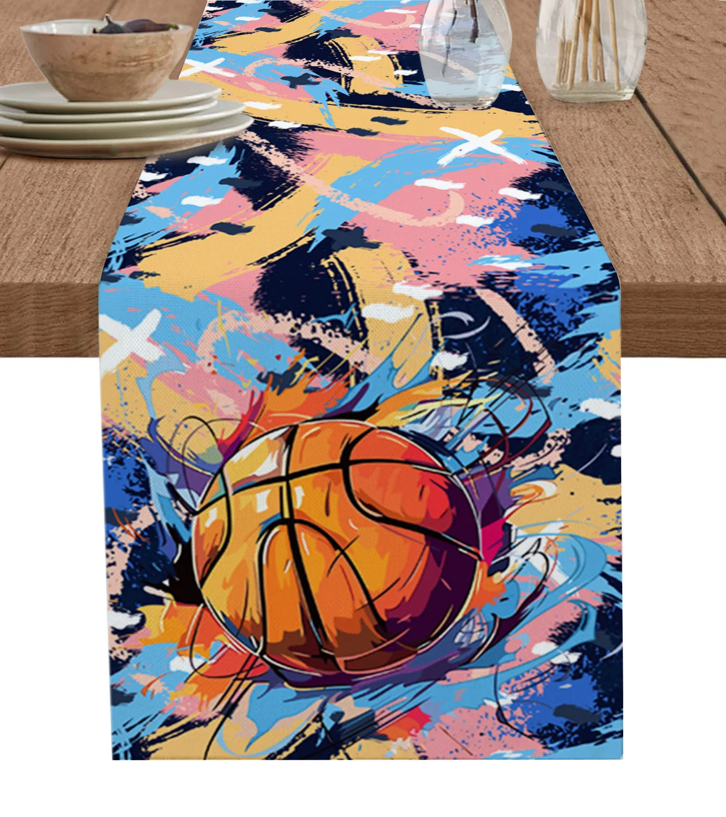 Sports-Style-Basketball-Hand-Drawn-Table-Runner-Holiday-Kitchen-Coffee ...