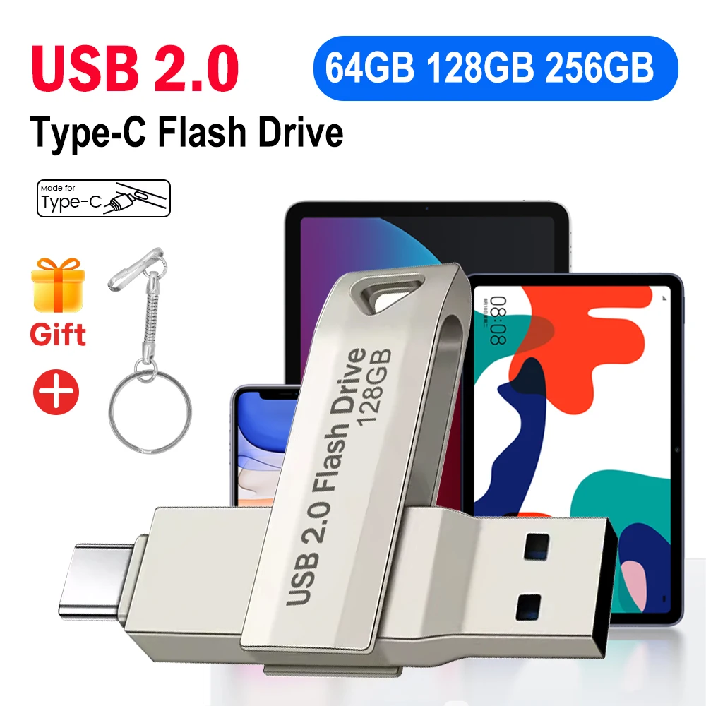 TYPE-C 2 IN 1 Pen Drive With Free key Ring 128GB Rotatable Metal USB 2. ...