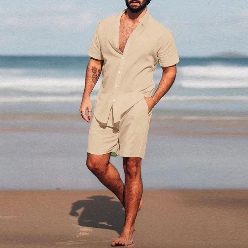 New Men's Hawaiian Set Summer Solid Color Stand Collar Short Sleeve ...