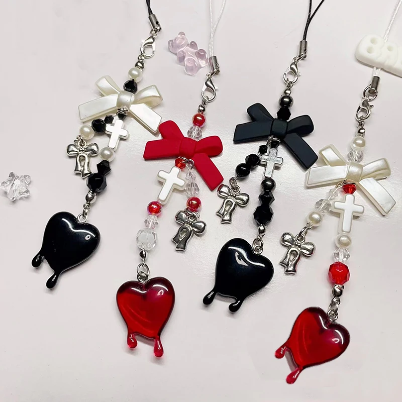 Scarlet Heart Bow Mobile Phone Chain Y2K Key Chains Goth Accessories ...