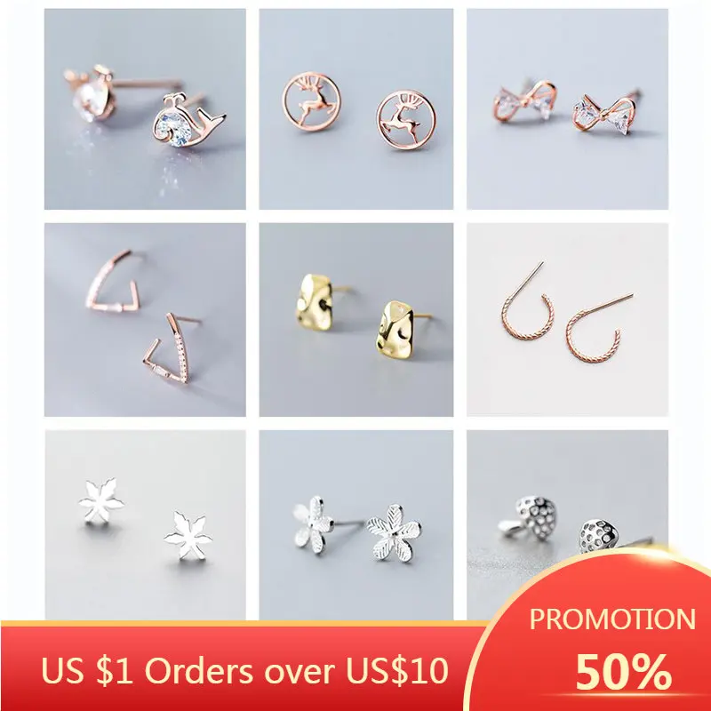 INZATT Real 925 Sterling Silver Zircon Geometric Minimalist Stud Earrings For Charm Women Animal ...