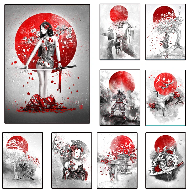 Japanese-Zen-Ink-Painting-Art-Posters-Canvas-Paintings-Samurai-Moon-Koi ...