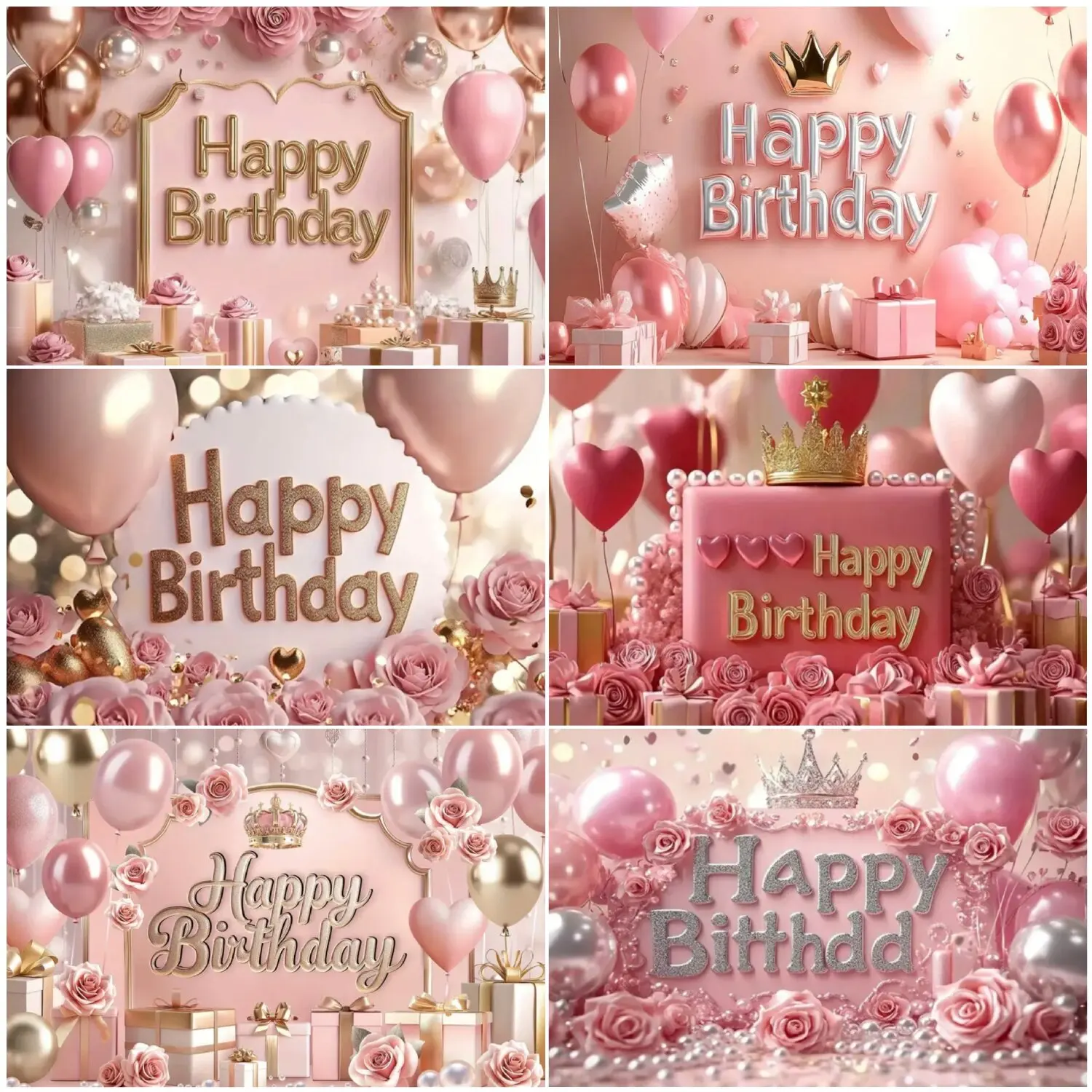 Rose Pink Crown Theme Kid Birthday Party Background Balloon Flash Cake ...