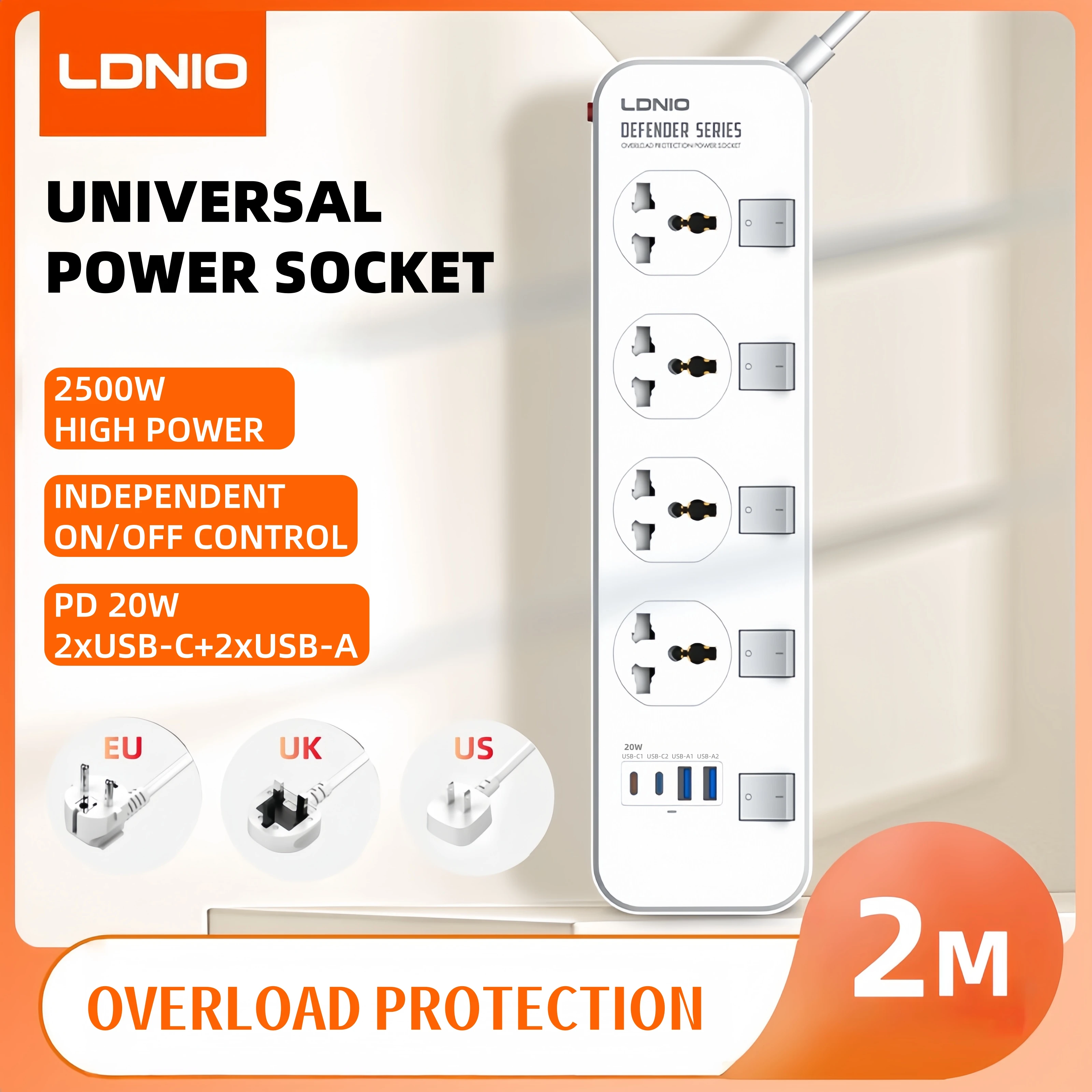 LDNIO Extension Multiple Universal Ruler Outlet UK US EU Plug 2M ...