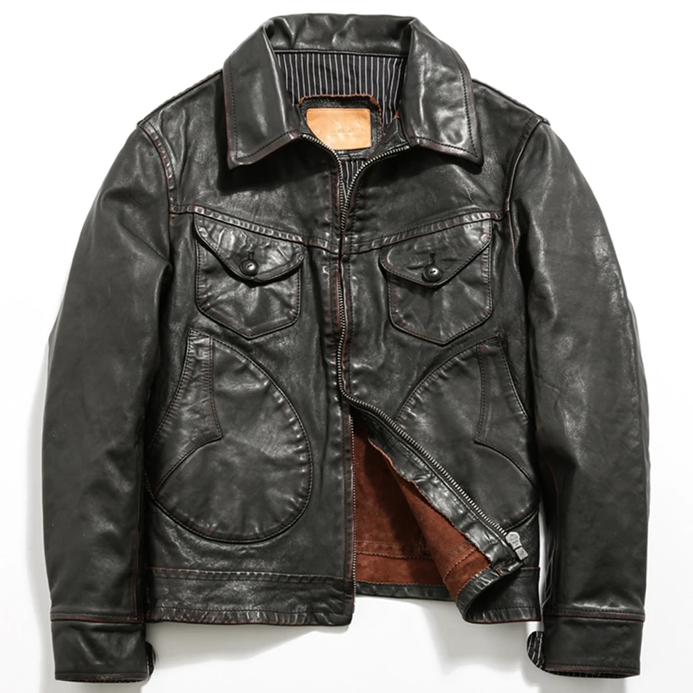 Japanese Retro Horsehide Leather Winter Jacket Motorcycle Mens Coat ...