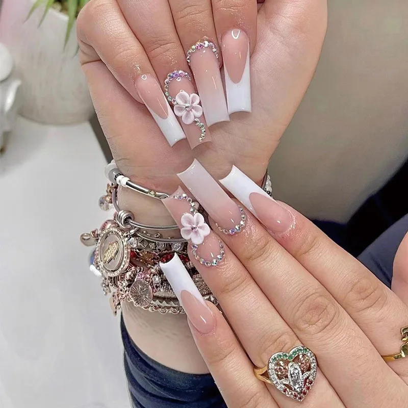 24pcs-Long-White-Coffin-False-Nail-French-Cubic-Pink-Flower-Rhinestone ...