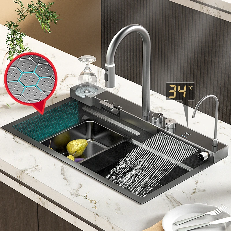 Kitchen Sink With Waterfall Faucet Stainless Steel Large Single Slot ...