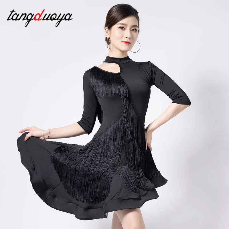 Women-Latin-Dance-Dress-Oblique-Shoulder-Fringed-Irregular-Hem-Dresses ...