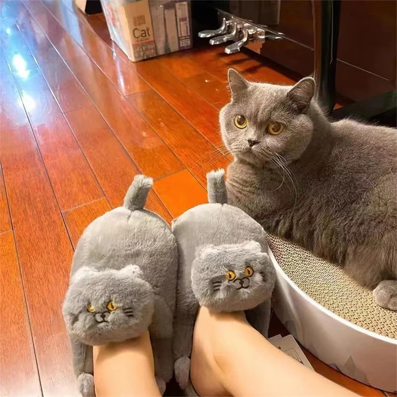 고양이 슬리퍼 귀여운 소녀 고양이 인형 홈 슬라이드 모피 만화 침실 슬리퍼 겨울용 따뜻한 슬라이드 플러시 장난감 커플
