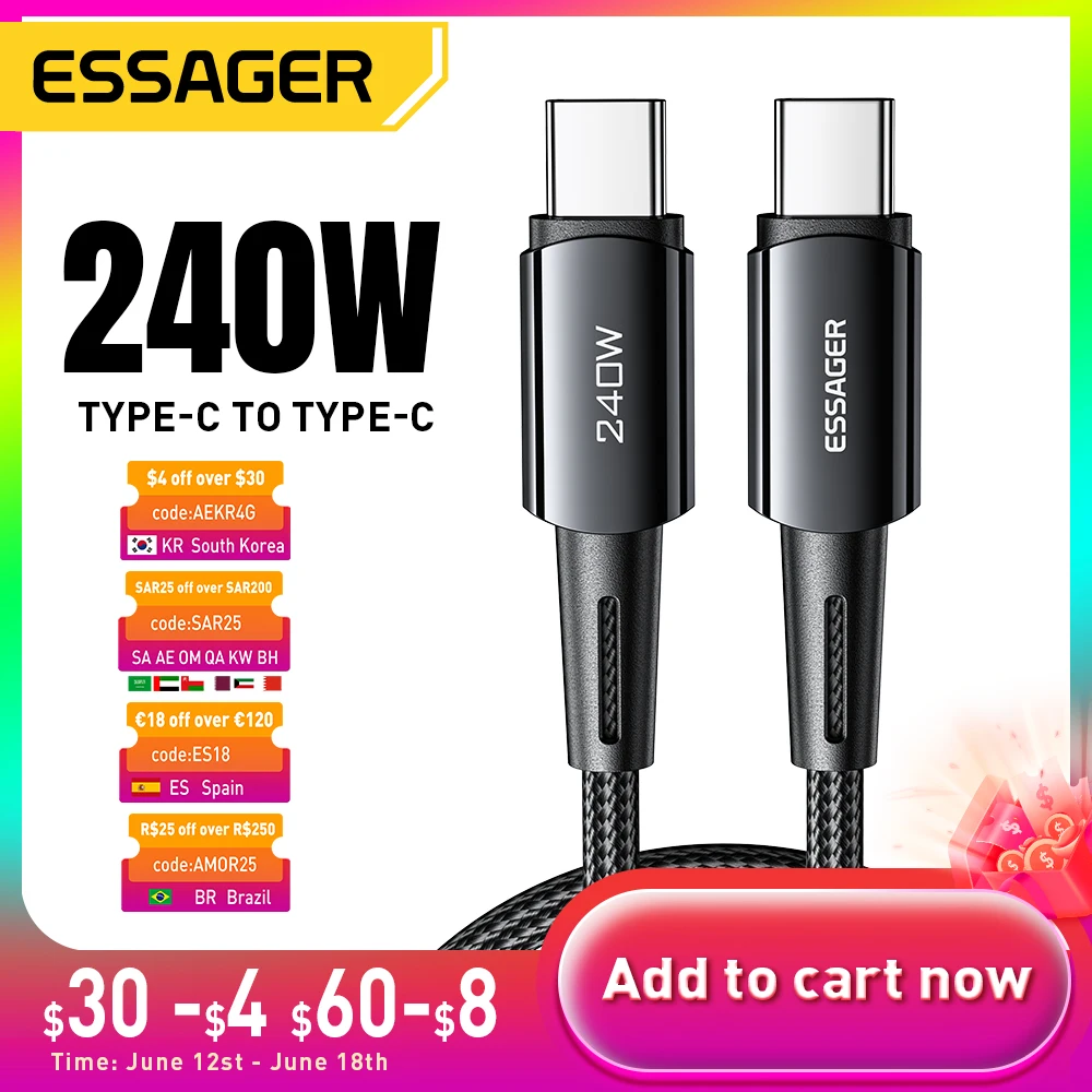 Essager 240W Super Fast Charge Type C 67W Cable Quick Charge USB Cable 6A For Xiaomi 12Pro Redmi ...