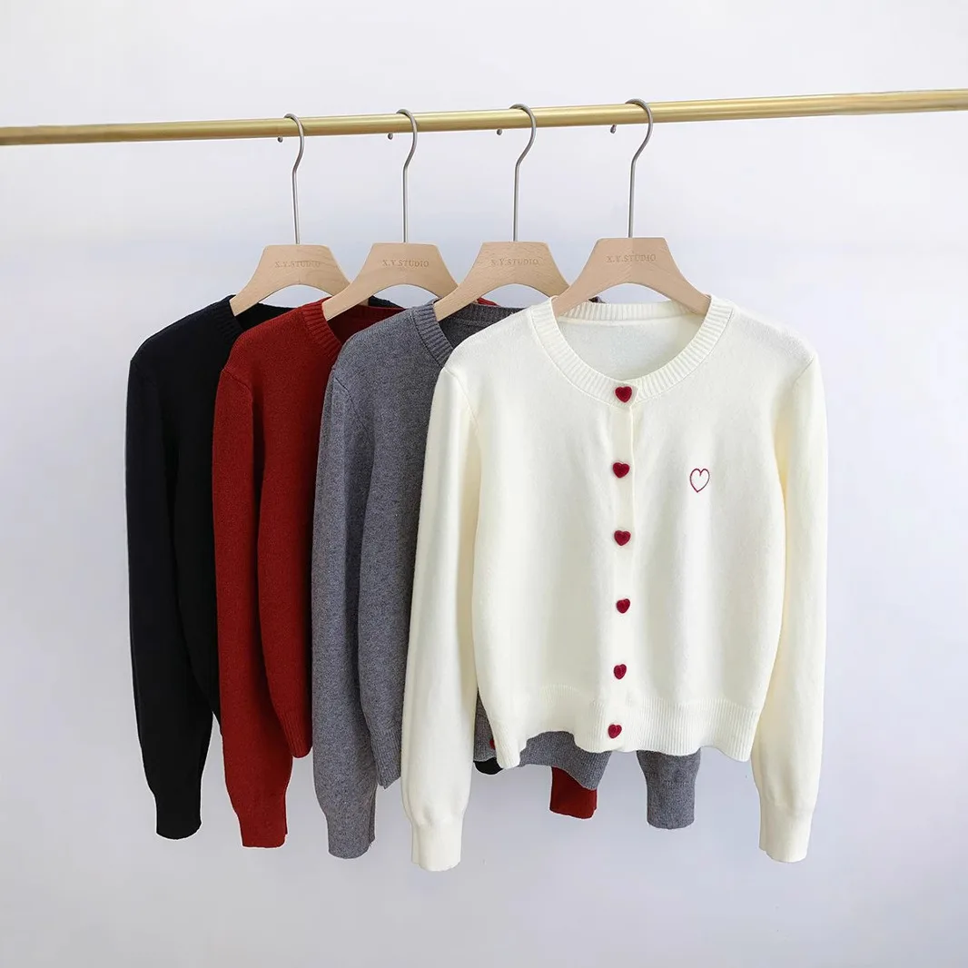 Autumn Love Embroidered Knitted Cardigan for Women Round Neck Heart ...