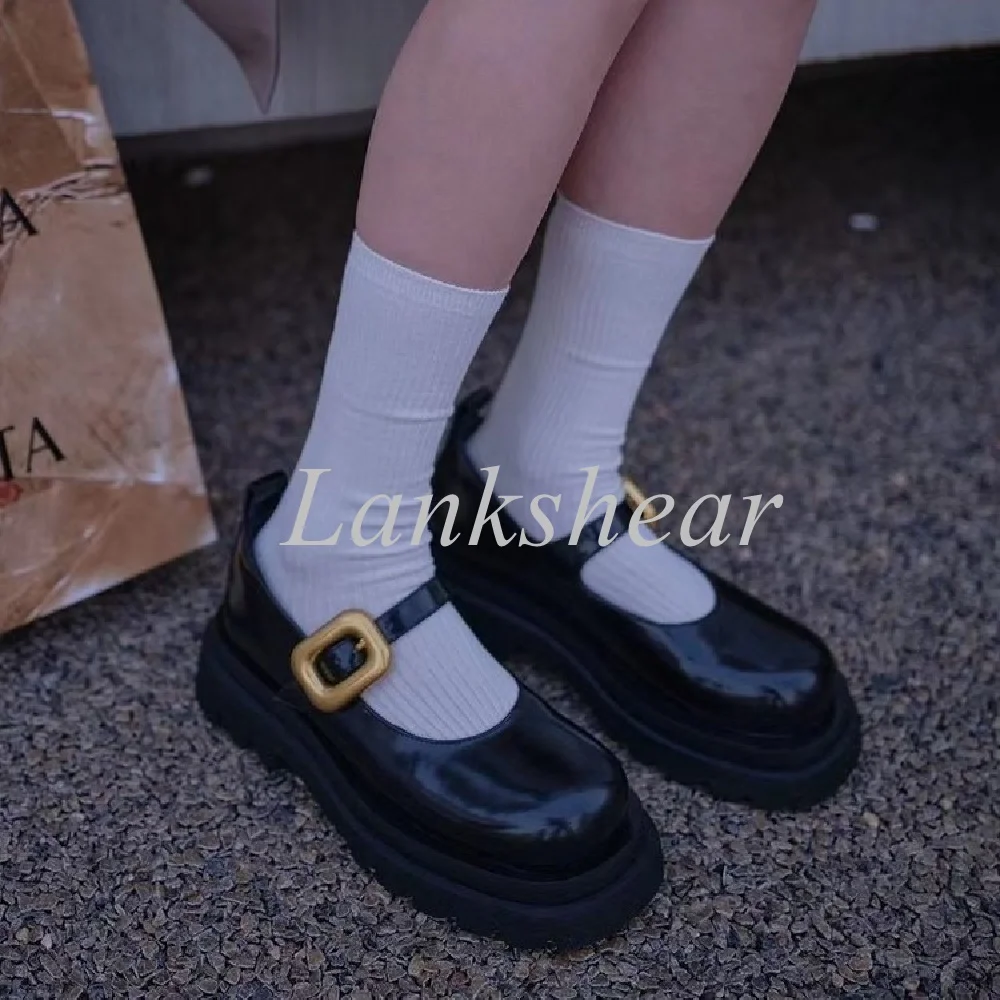 Square-Buckle-Round-Toe-Women-Shoes-Flat-Sole-Thick-Sole-Fashion-Solid ...