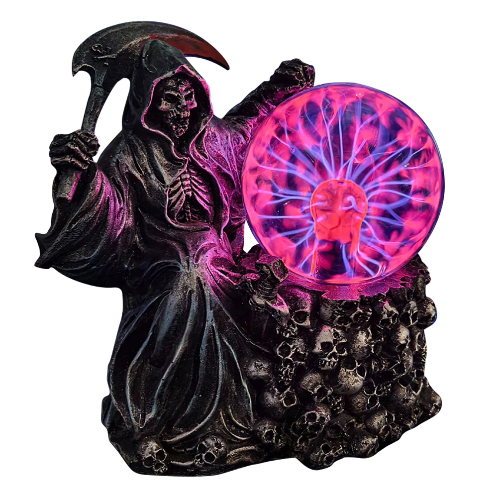 Halloween-Grim-Reaper-Skeleton-Figurine-with-Plasma-Ball-Lamp-Black ...