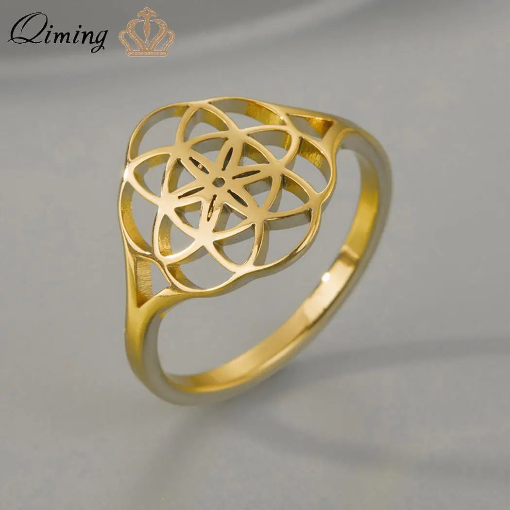 Qiming Sacred Geometry Flower Of Life Ring Female Women Mandala Amulet ...
