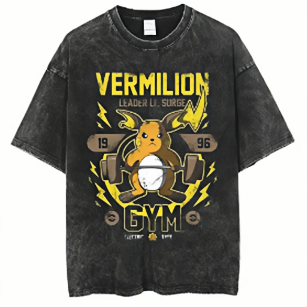 Muscle Raichu Pokemon Acid Wash T-Shirt Gym Theme Print Oversized Loose ...