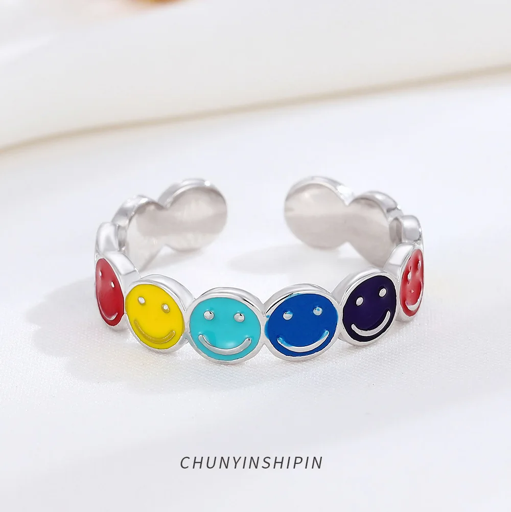 925-Sterling-Silver-Rainbow-Smiley-Face-Ring-Korean-Style-Chic ...