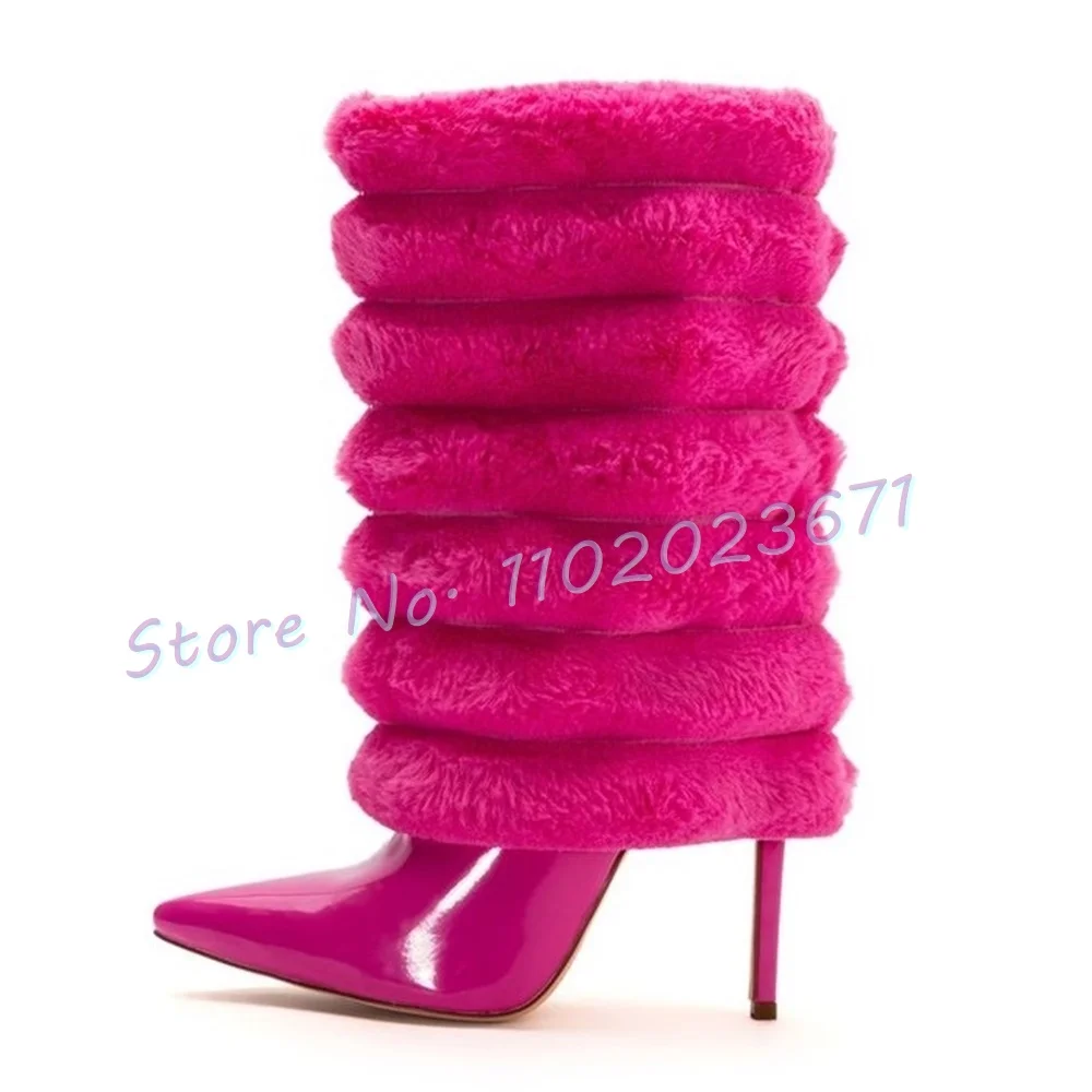 Rose-Red-Fur-Striped-Boots-Women-Warm-Pointy-Luxury-Mid-Calf-High-Heels ...