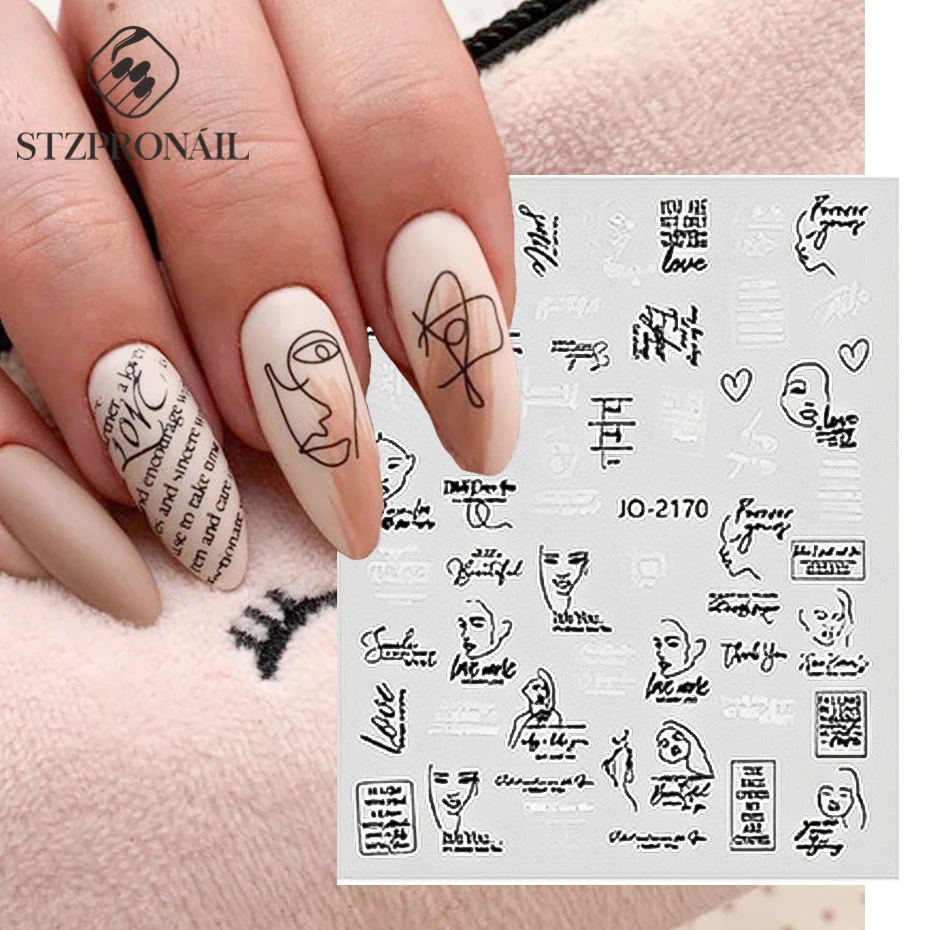 3d Black White Letters Nail Sticker Abstract Women Face Love Heart ...