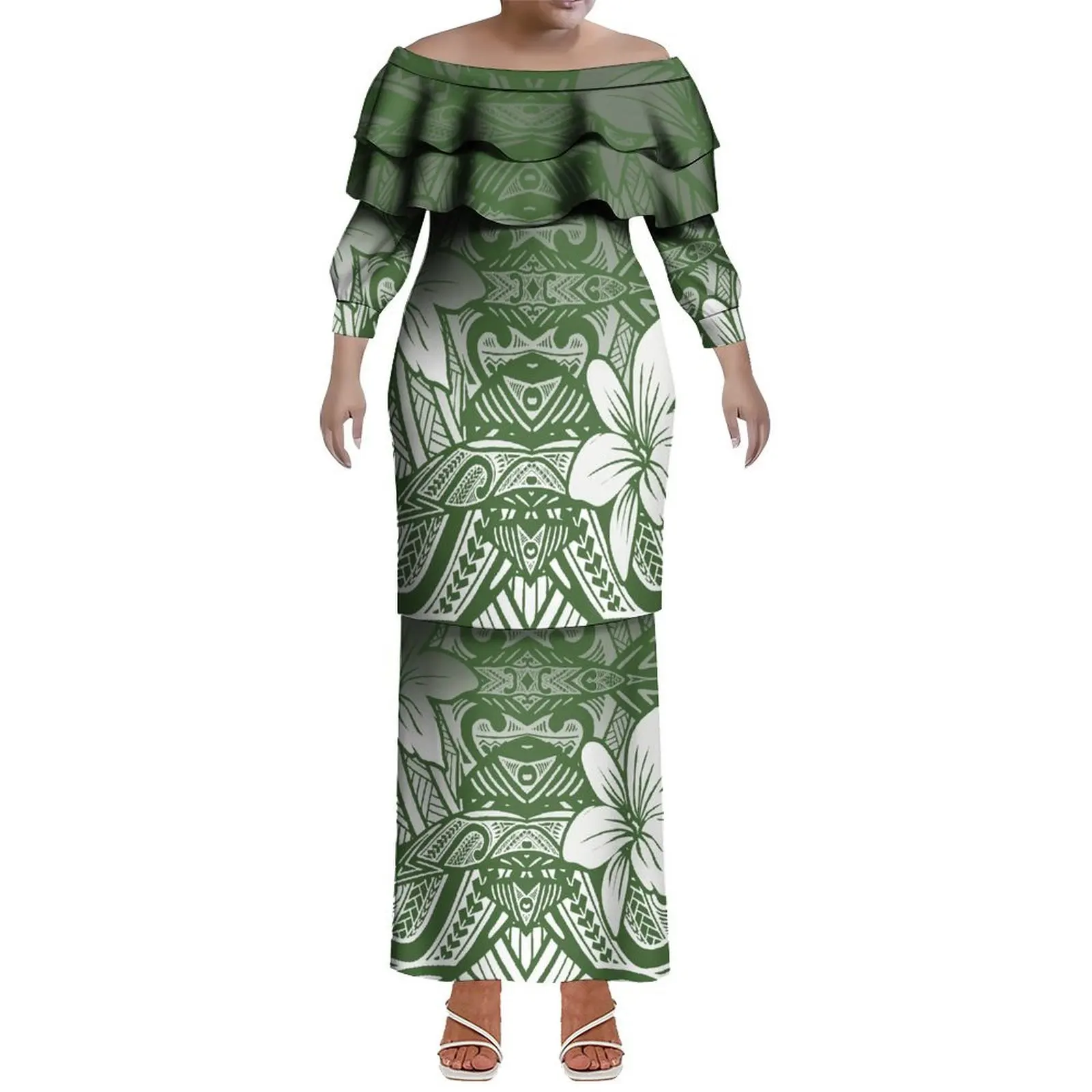 Tax Free Woman Puletasi A One-Shoulder Long-Sleeved Top And Long Dress ...
