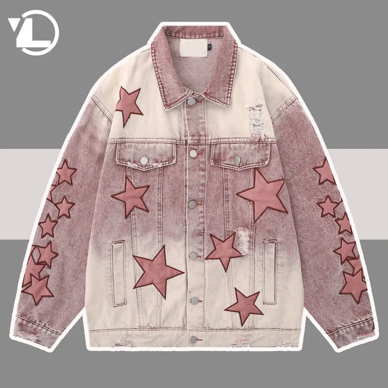 Mens-Hip-hop-Washed-Denim-Jacket-Patch-Star-Embroidery-Women-Coat ...