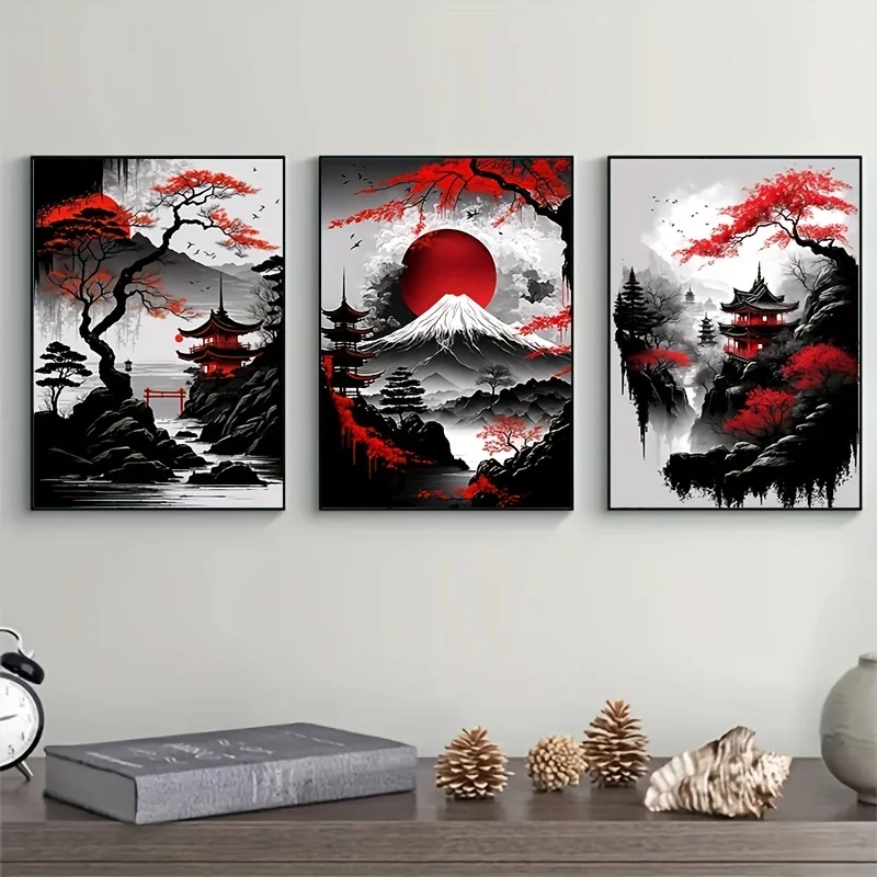 3pcs Frameless Japanese Natural Landscape Canvas Painting Black And Red ...