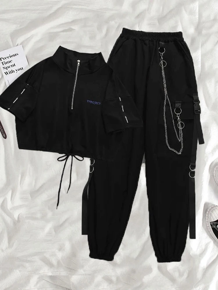 Houzhou Gothic Women Black Cargo Pants Harajuku Punk Chain Trousers ...